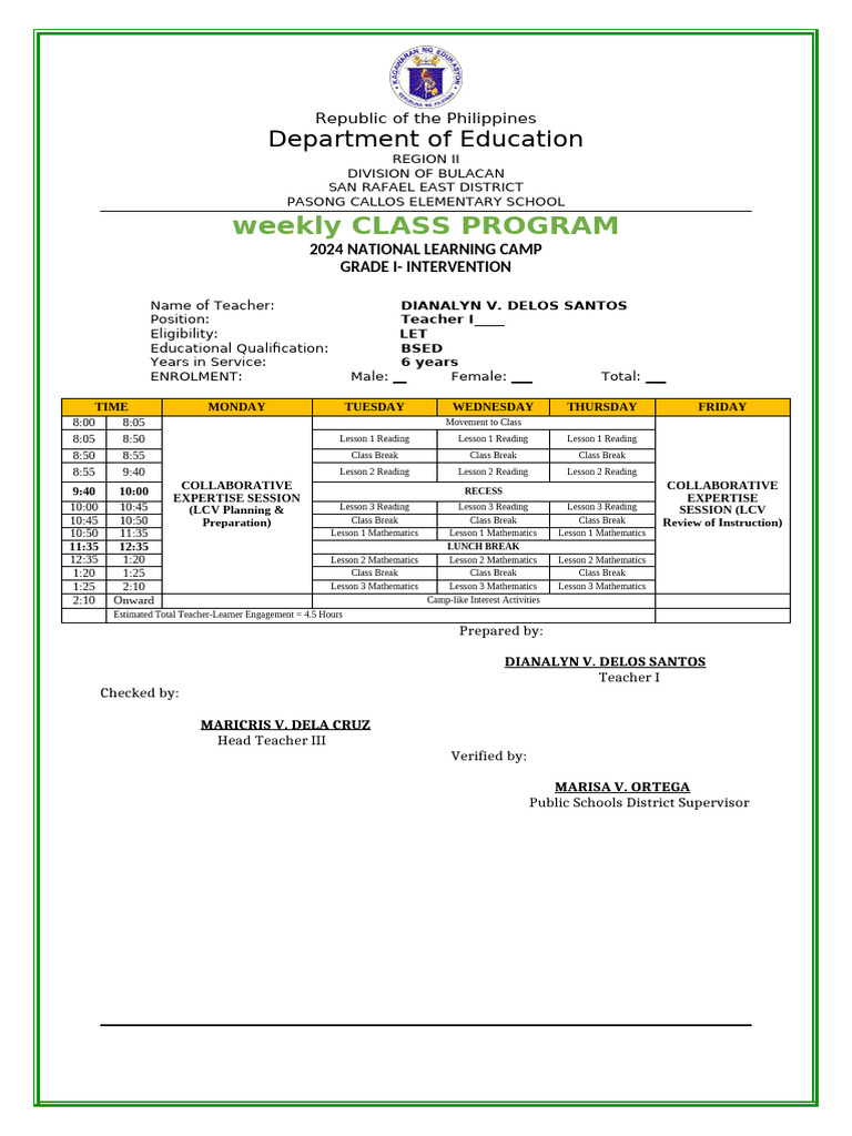 NLC Daily Class Program | PDF
