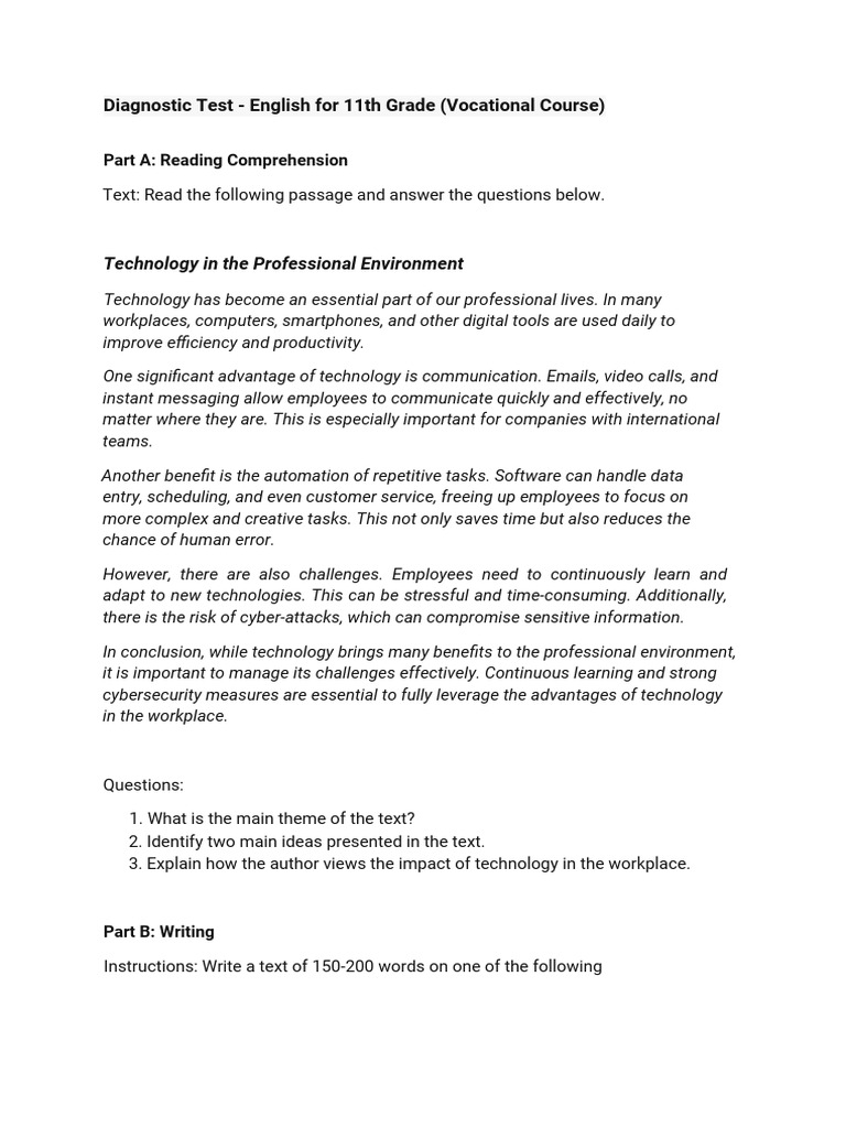 Diagnostic Test - English For 11th Grade (Vocational Course) | PDF