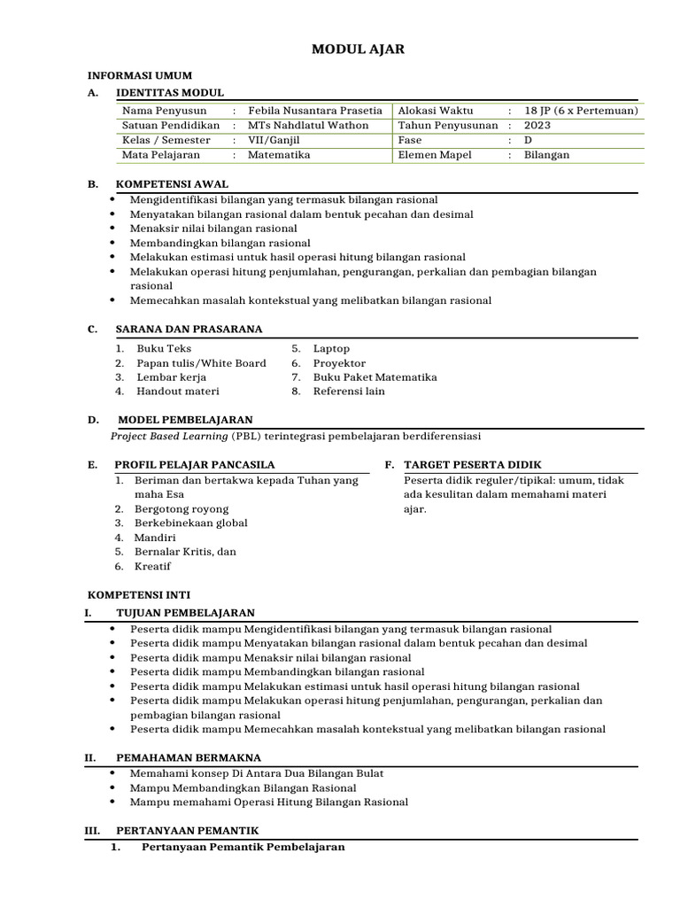 Modul Ajar Matematika Kls 7 Sem 1 - Bab II | PDF