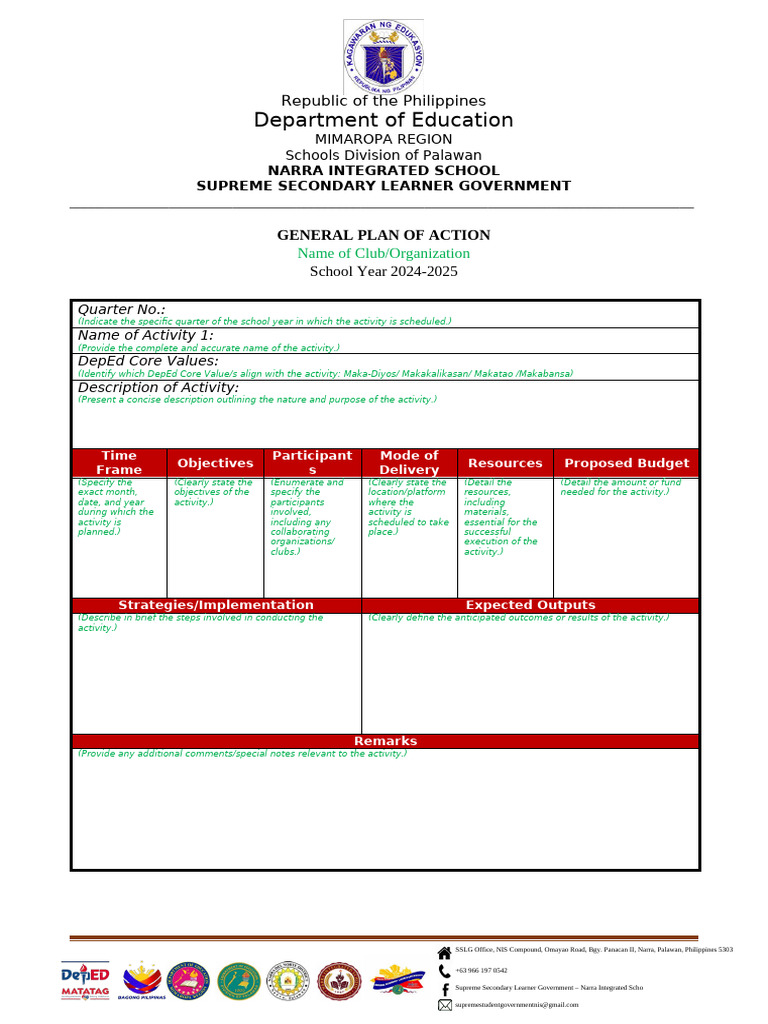 Narra Integrated School Activity Plan 2024-2025 | PDF