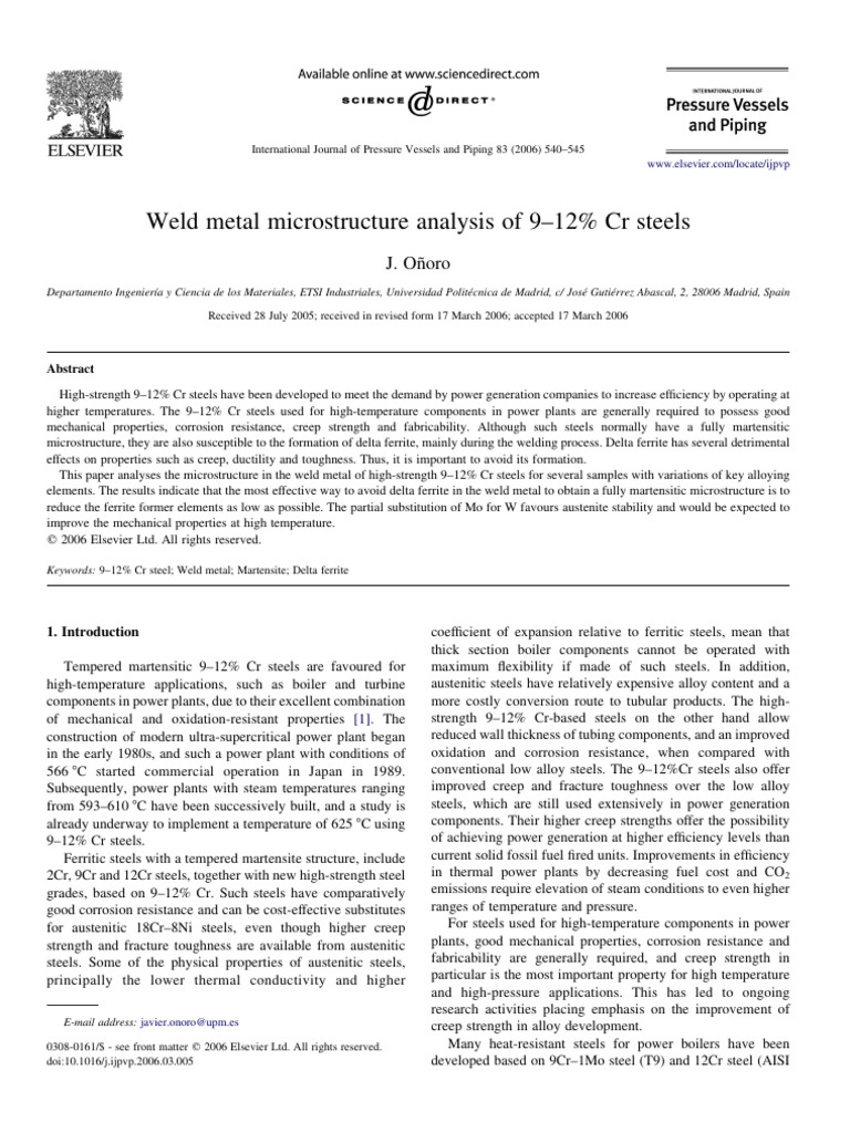 Weld Metal Microstructure Analysis Of 9 12 Cr Steels PDF