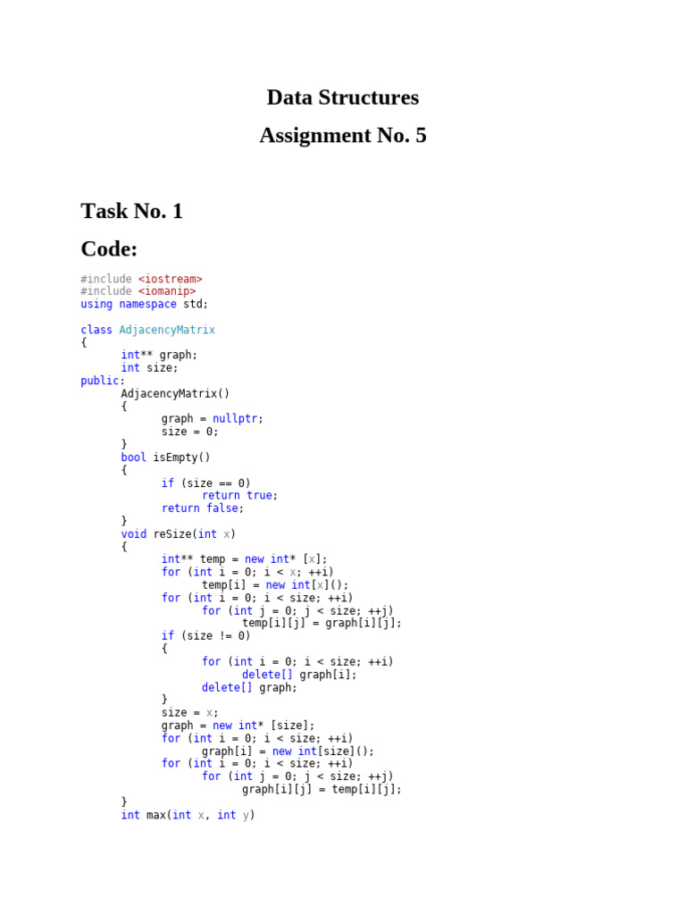 Data Structures Assignment No. 5 Task No. 1 Code | PDF