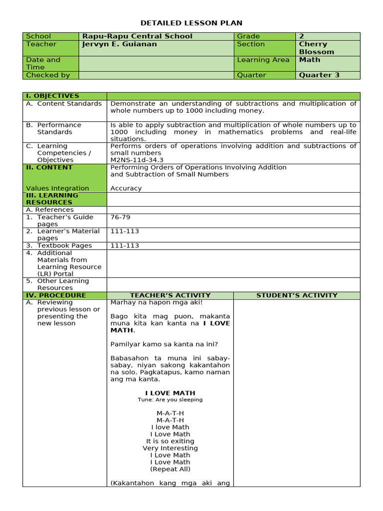 Detailed Lesson Plan - Math | PDF | Mathematics | Pedagogy