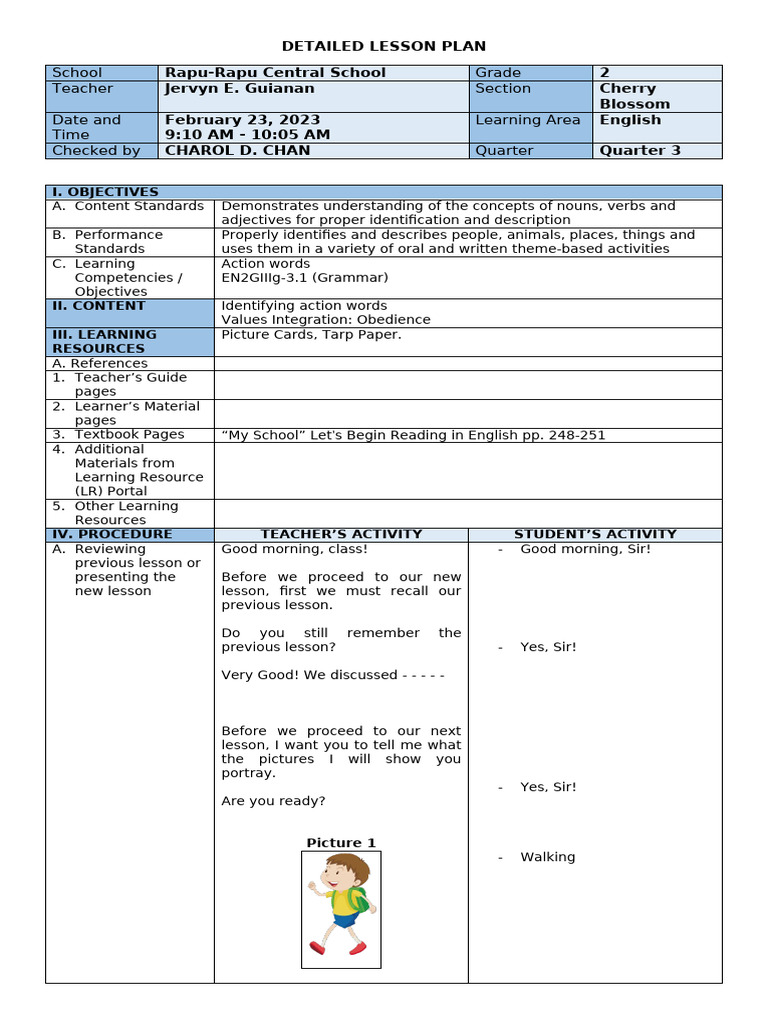 Detailed Lesson Plan-English 2.B | PDF | Learning | English Language