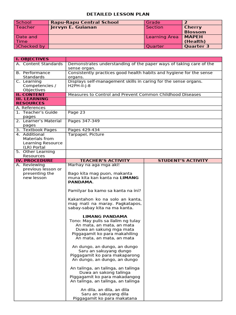 MAPEH Lesson Plan on Health for Grade 2 | PDF | Human Communication ...