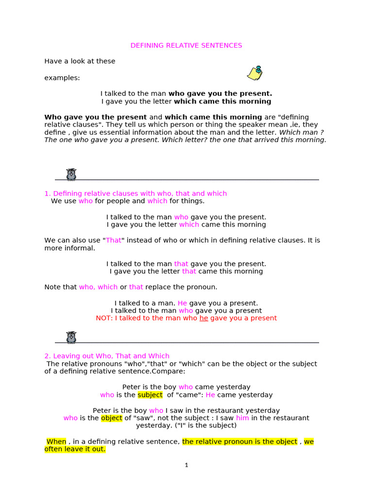 Defining Relative Sentences | PDF | Subject (Grammar) | Language Mechanics