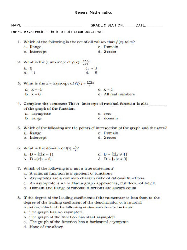 Genmath Quiz Intercepts | PDF