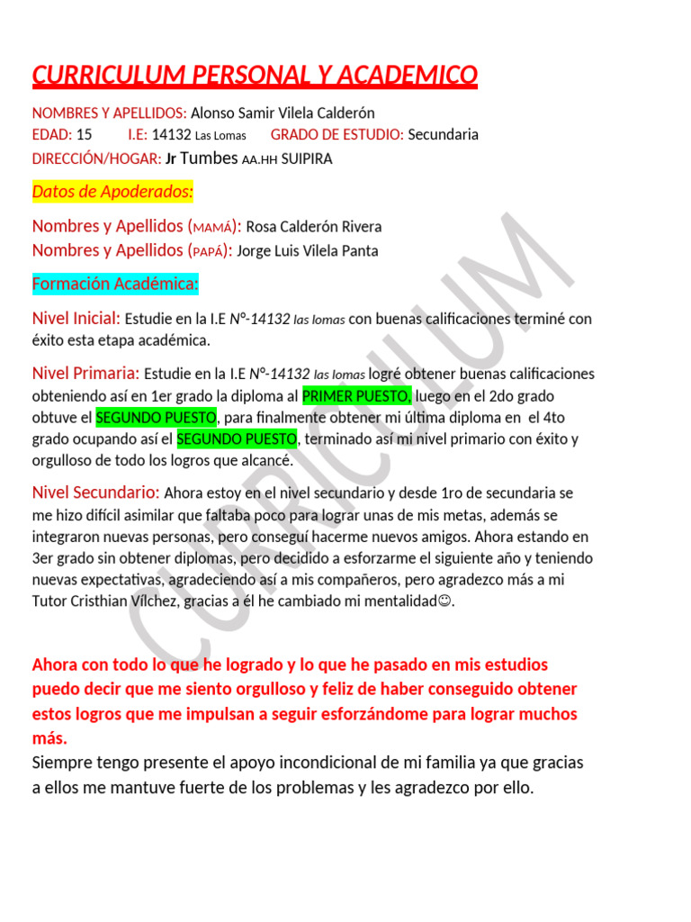 Curriculum Personal y Academico | PDF
