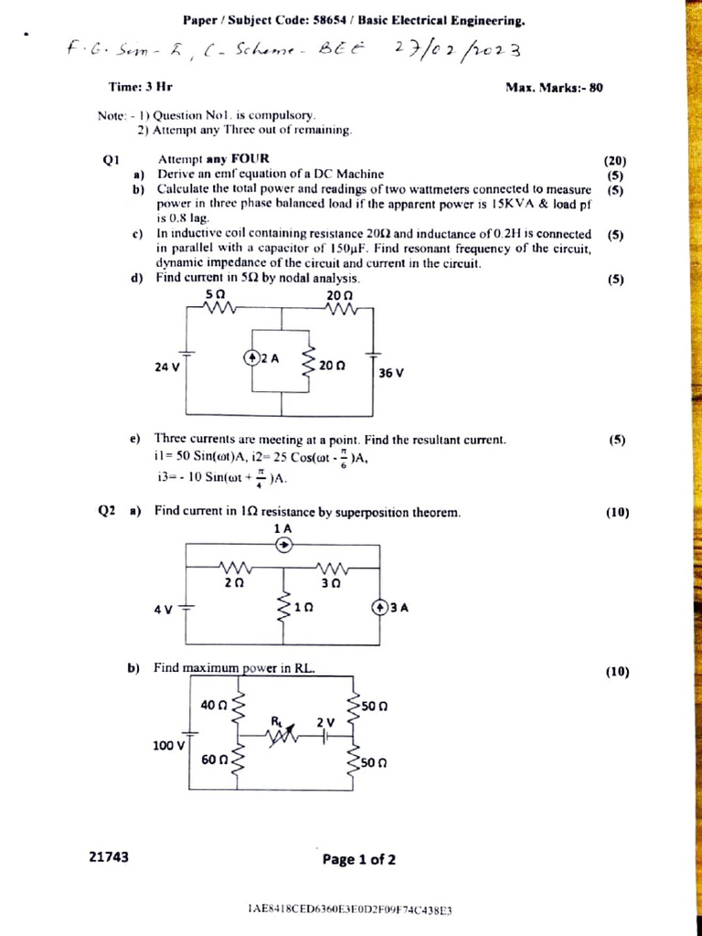 Bee Paper Sem-1 2023 | PDF
