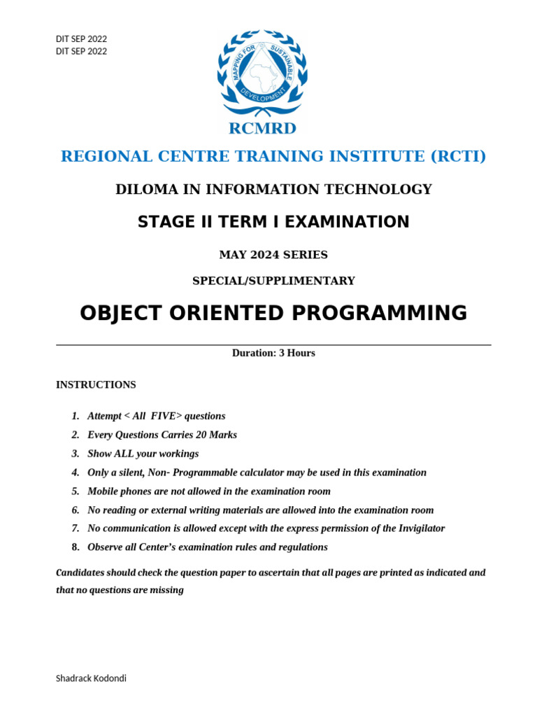 Dit Sep 2022 Object Oriented Programming Supp Special | PDF