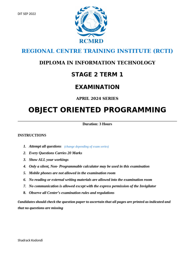 Dit Sep 2022 Object Oriented Programming Pdf C Class Computer Programming