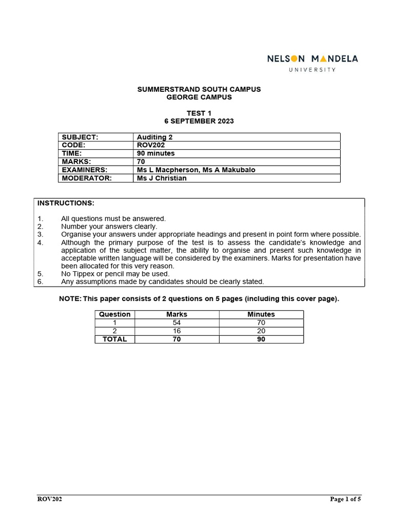 Auditing 2 Test ROV202 - September 2023 | PDF | Receipt | Internal Control