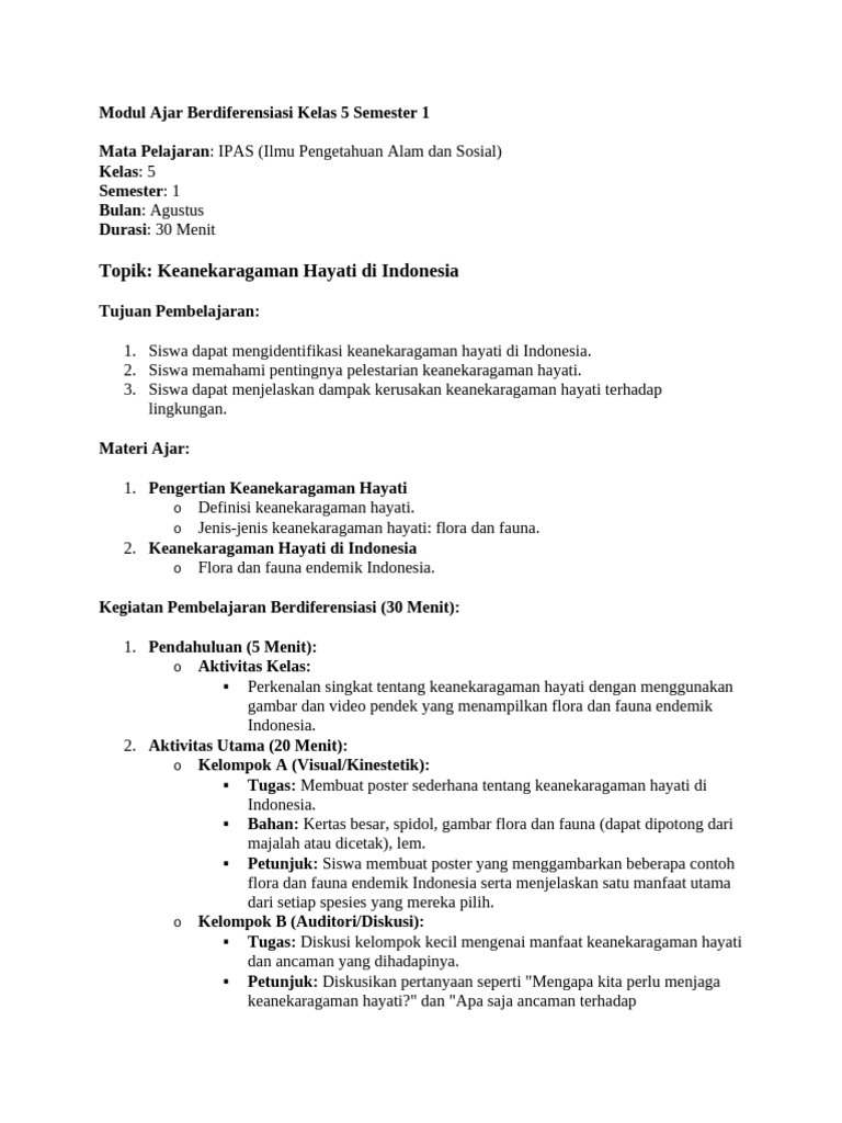 Modul Ajar Berdiferensiasi Kelas 5 Semester 1 | PDF