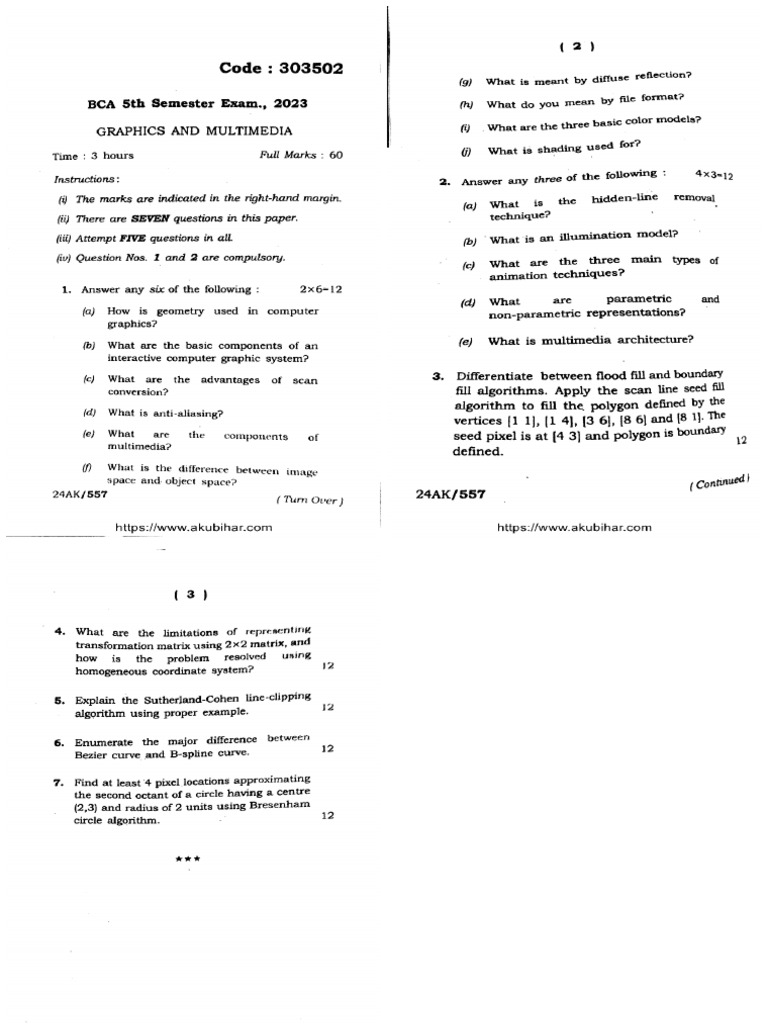 Bca 5 Sem Graphics and Multimedia 303502 2023 | PDF