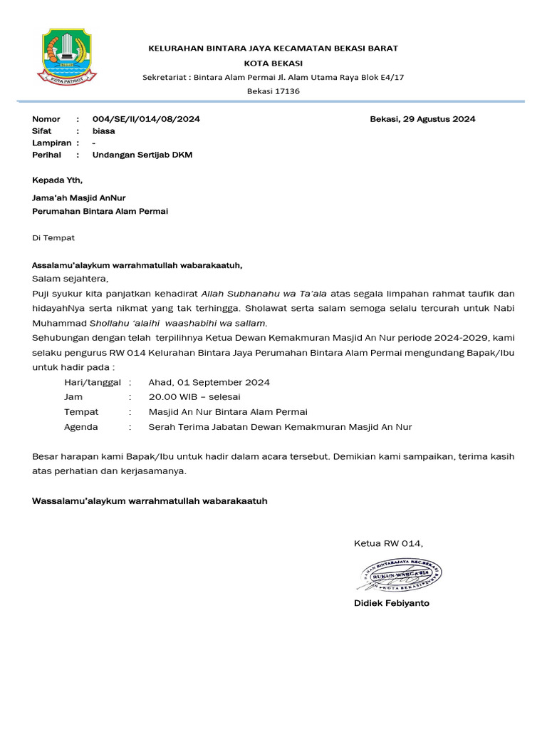 Undangan Sertijab DKM Masjid An Nur | PDF