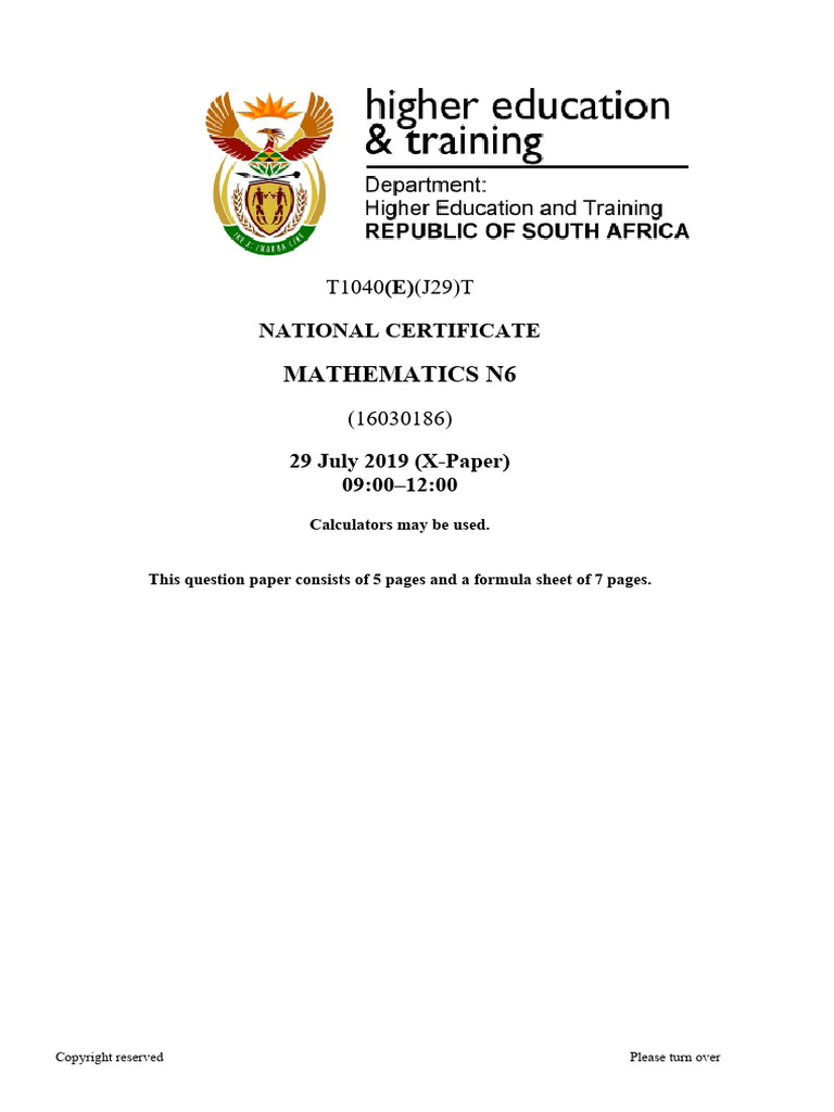 N6 Mathematics August 2019 | PDF