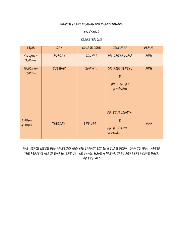 FOURTH YEARS COMMON UNITS TIMETABLE | PDF