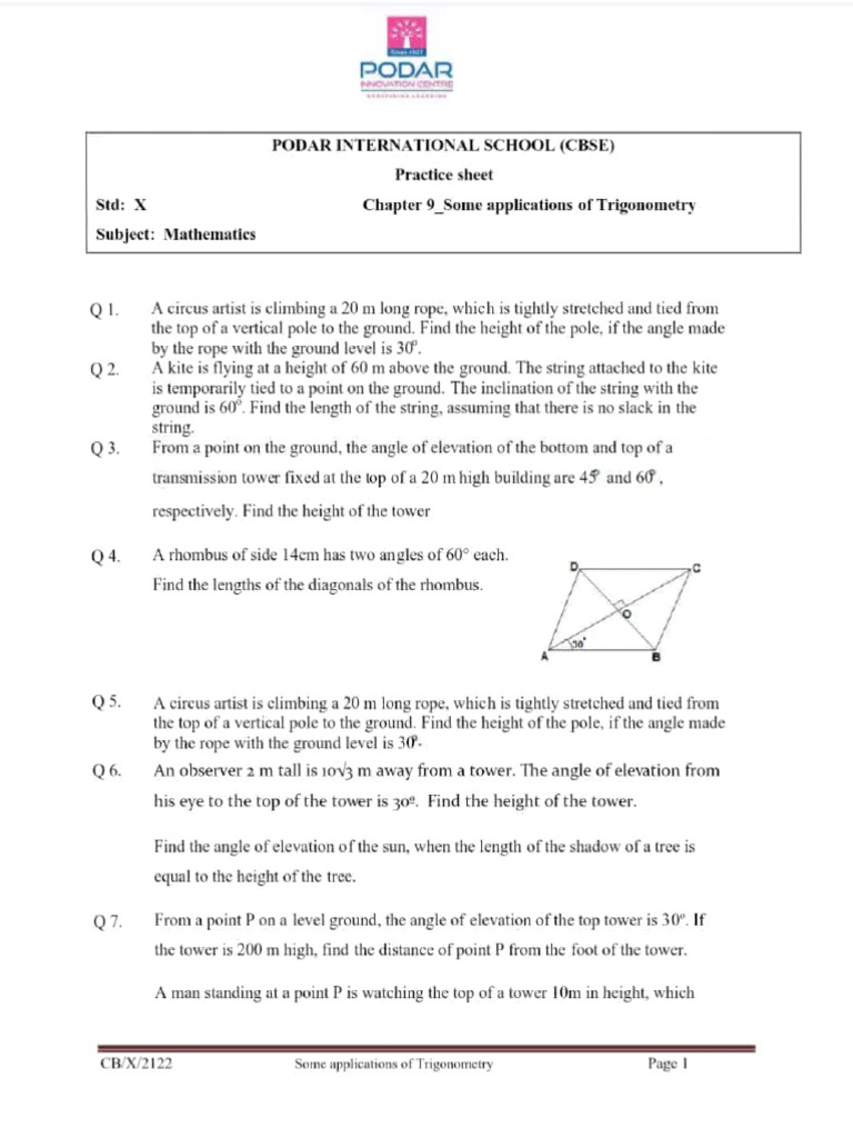 Practice Sheet of Some Applications of Trigonometry | PDF | Mountains ...