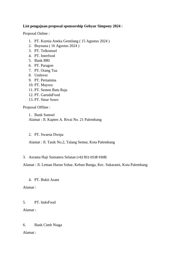 List Pengajuan Proposal Sponsorship Gebyar Simpony 2024-1 | PDF