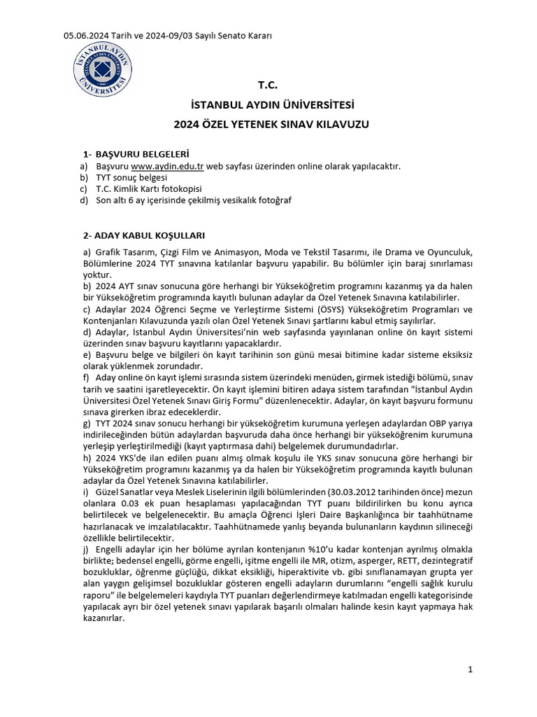 Iau Ozel Yetenek Sinav Kilavuzu 01 07 2024 | PDF