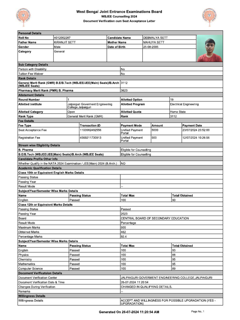 Seat Acceptance Letter ROUND 1 | PDF