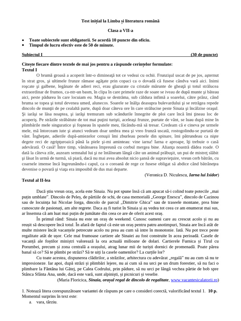 Test Initial Clasa A VII-A | PDF