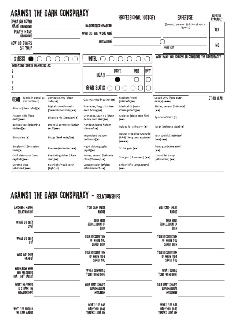 Against The Dark Conspiracy Character Sheet | PDF