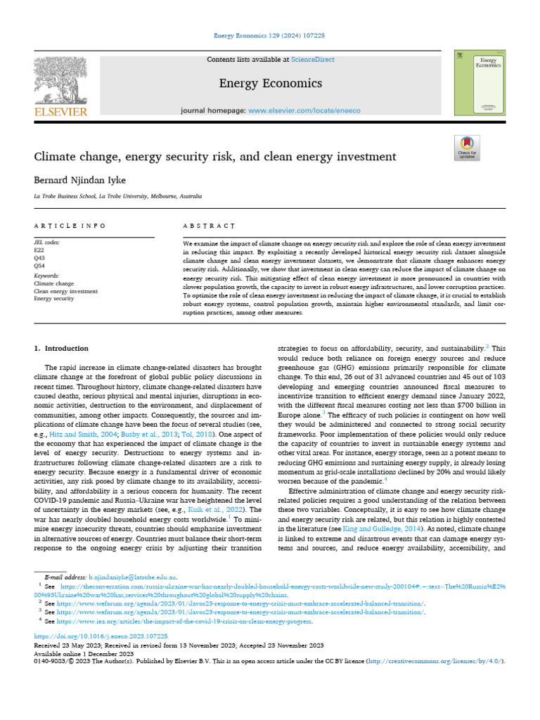 Climate Change, Energy Security Risk, and Clean Energy Investment | PDF