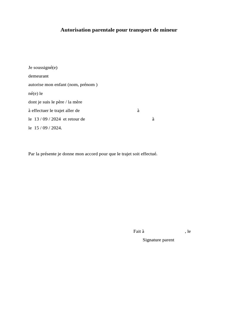 Autorisation Parentale Pour Transport de Mineur | PDF
