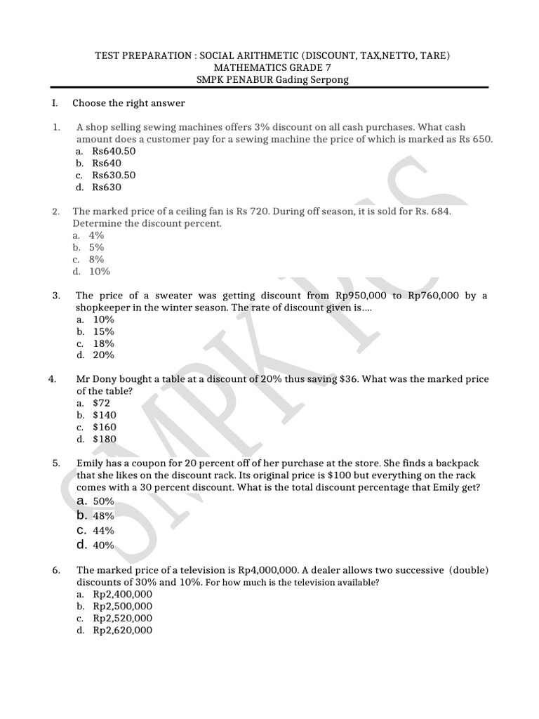 Test Preparation Discount, Tax, Netto, Tare | PDF