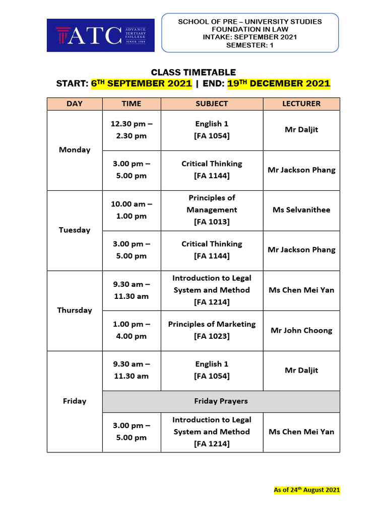 (FL) Sept 2021 (Sem 1) Timetable (As of 24.8.21) | PDF