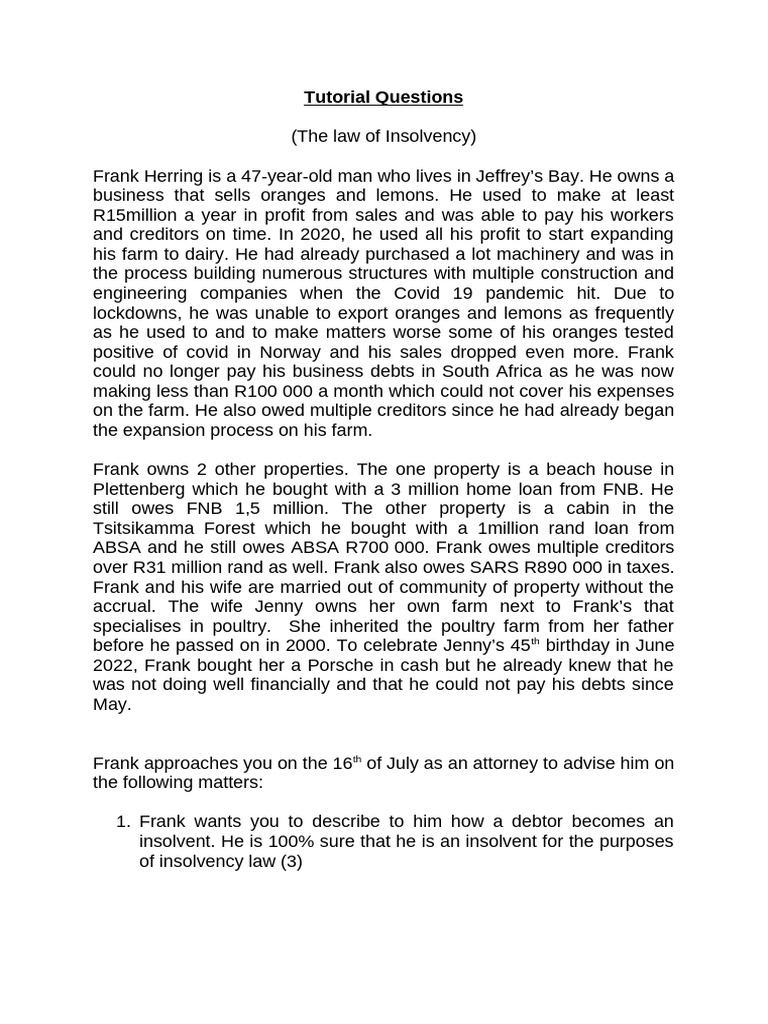Insolvency Tutorial Questions | PDF | Bankruptcy | Law