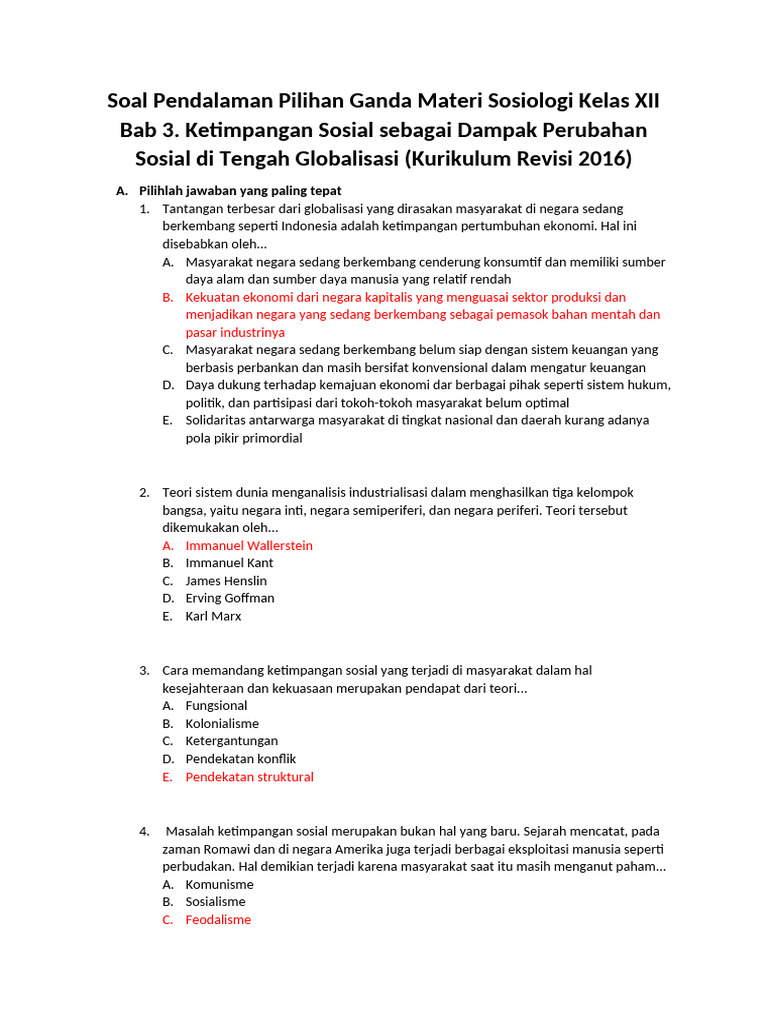 Soal Pendalaman Pilihan Ganda Materi Sosiologi Kelas XII Bab 3 ...