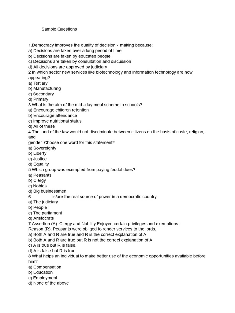 Sample Questions For History, Political Science | PDF | Democracy ...