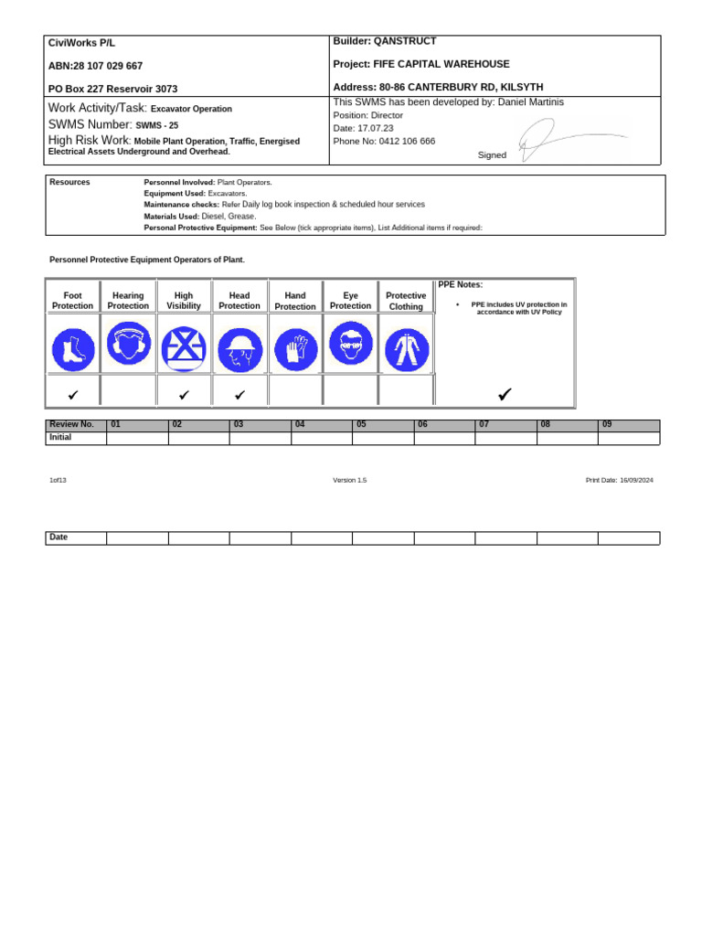 SWMS 25 Excavator Operation MB | PDF