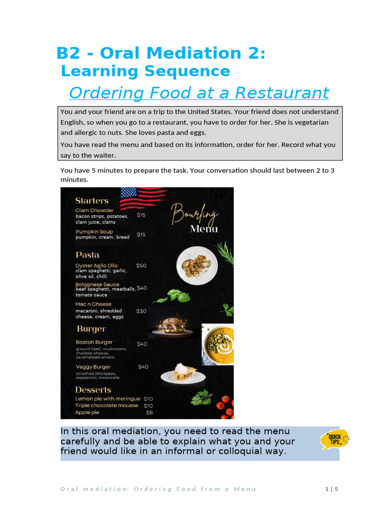 2 2 Ordering Food at A Restaurant OralMediation LearningSequence | PDF