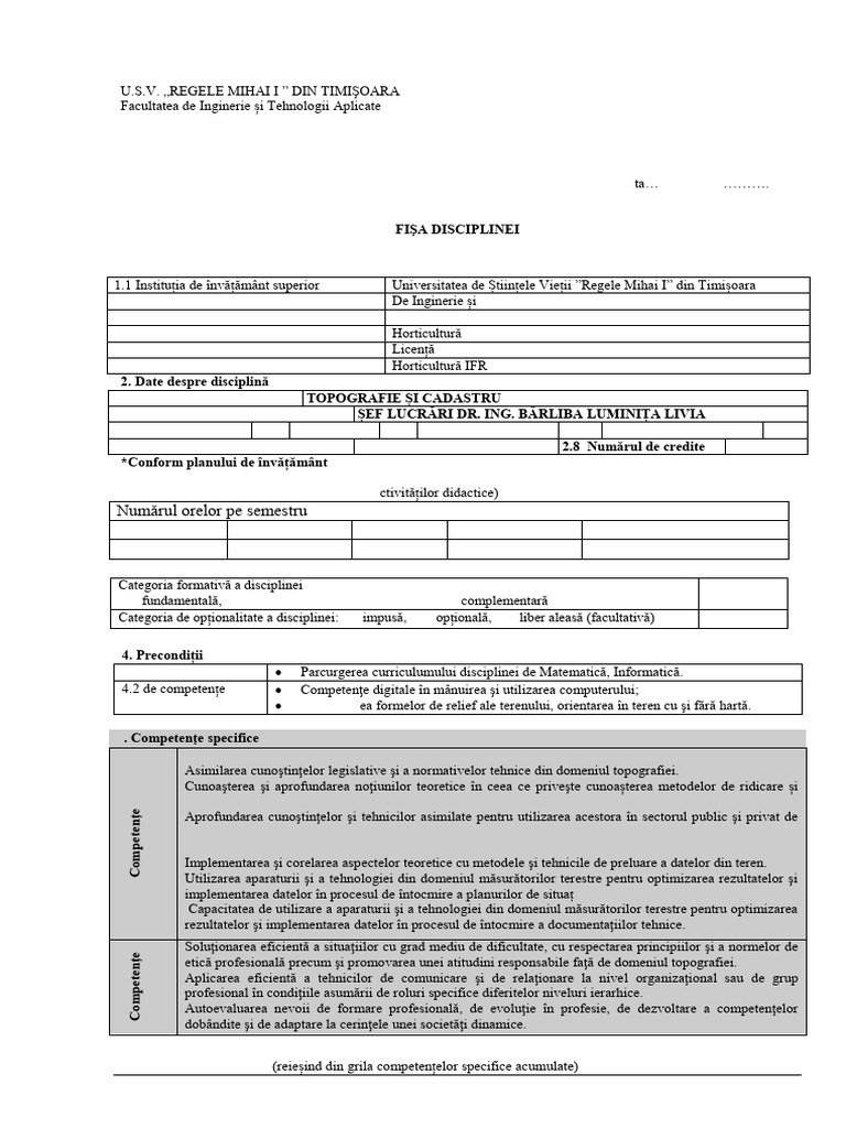 An 1 H - IFR - Fisa Disciplinei-Topografie Si Cadastru | PDF