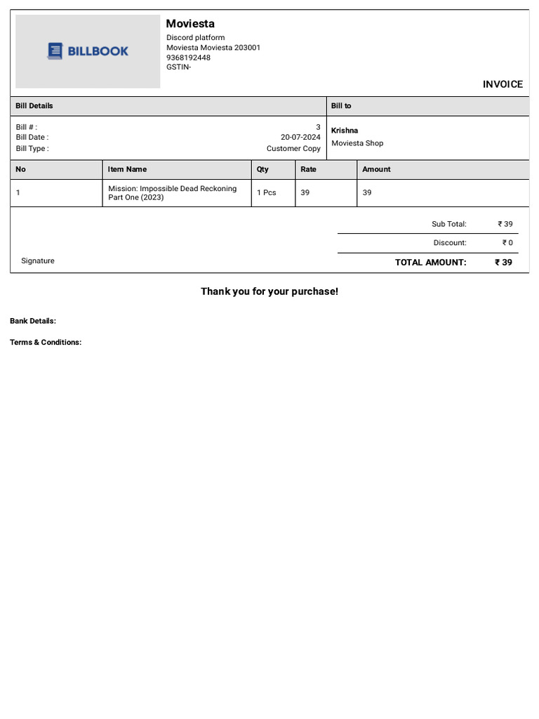 Invoice Moviesta 3 Billbook-2 | PDF