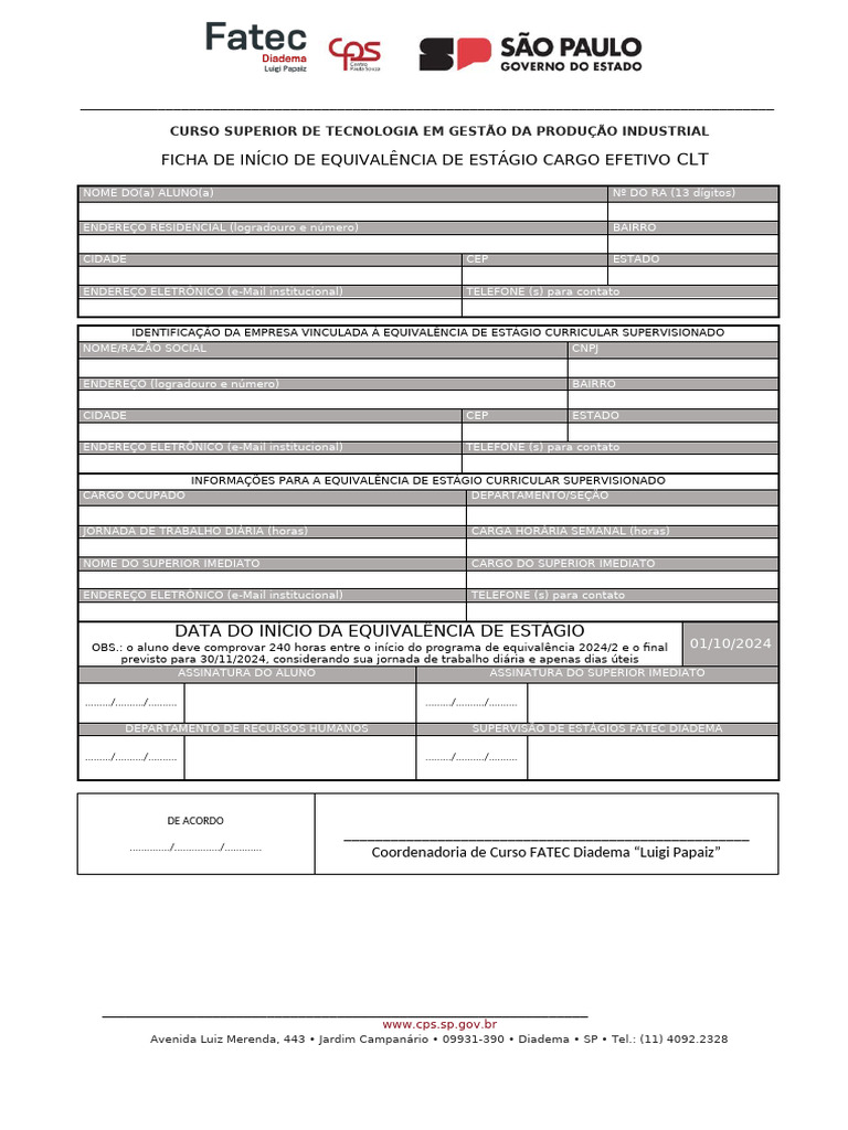 Ficha de início equivalência CLT - 2024_2 | PDF