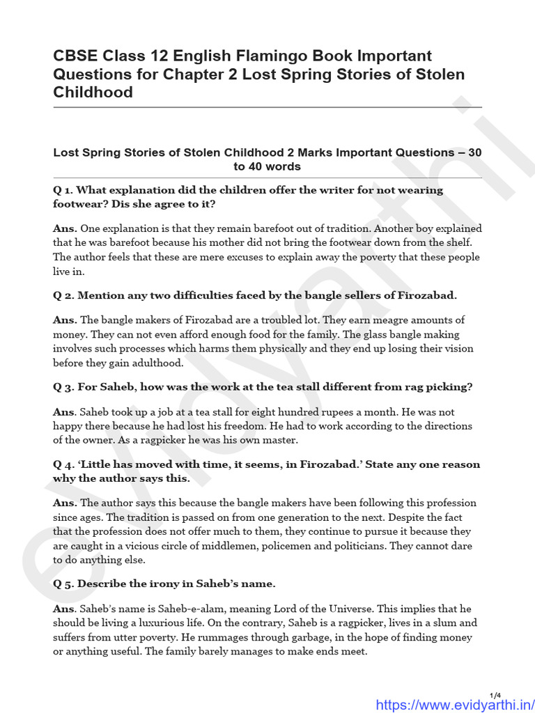 Class 12 Chapter 2 English Flamingo Important Questions | PDF