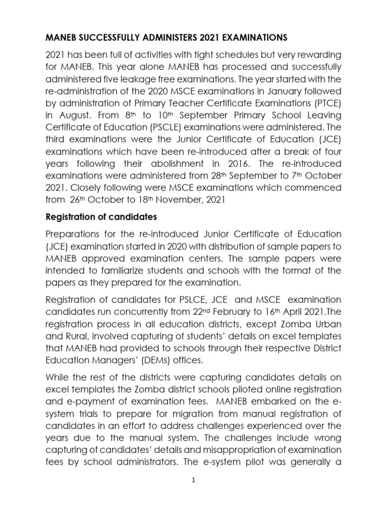 Maneb Succesfully Administers 2021 Ptce Pslce, Jce and Msce Exams | PDF