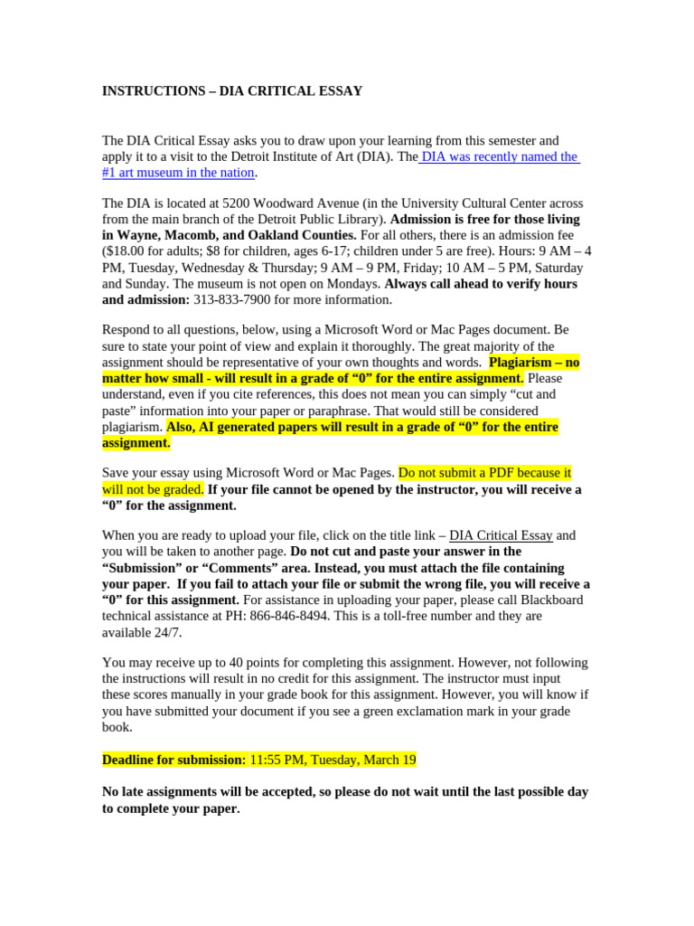 DIA Critical Essay - Instructions - Spring 2024 | PDF