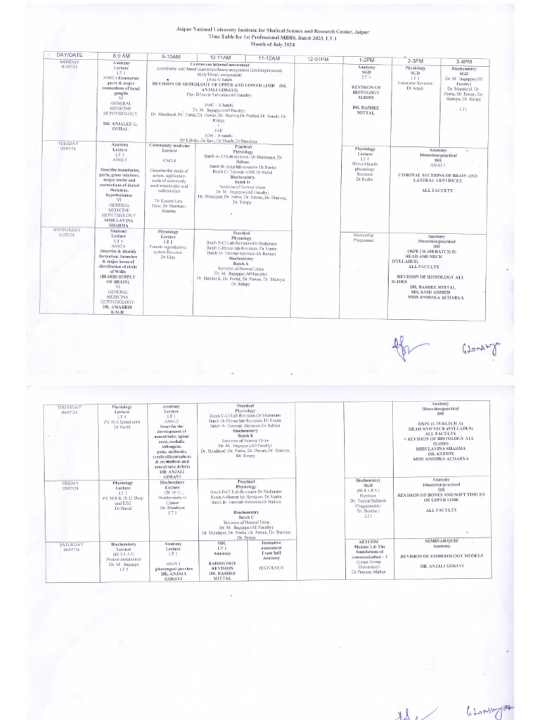 Time Table of 1st MBBS Batch 2023 For July 2024 | PDF