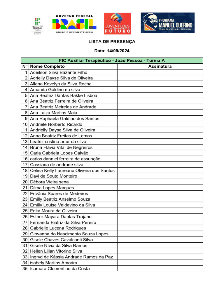 Lista de Frequência - Auxiliar Terapêutico JP | PDF