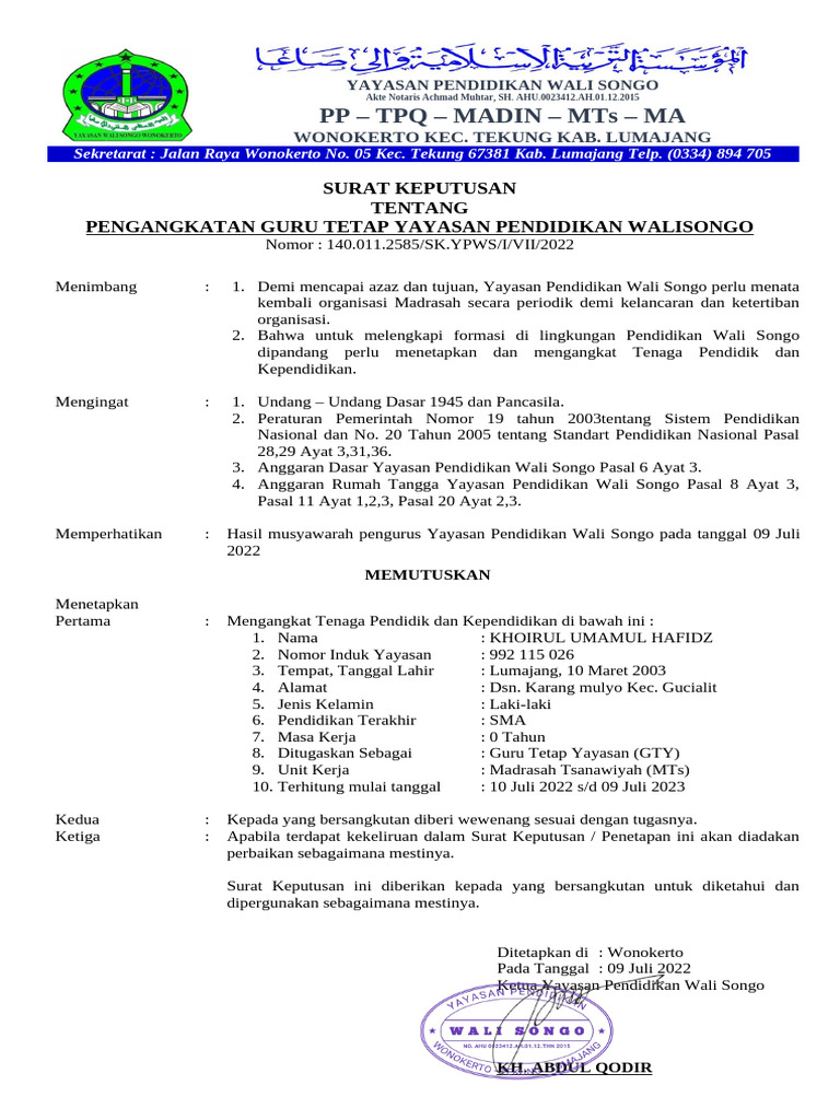 Surat Keputusan Mengajar Khoirul Umamul Hafidz | PDF