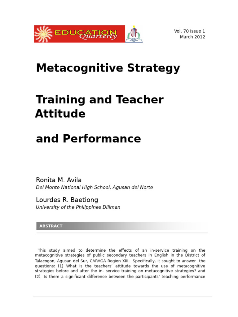 Metacognitive Strategy Training and Teacher Attitude and Performance | PDF