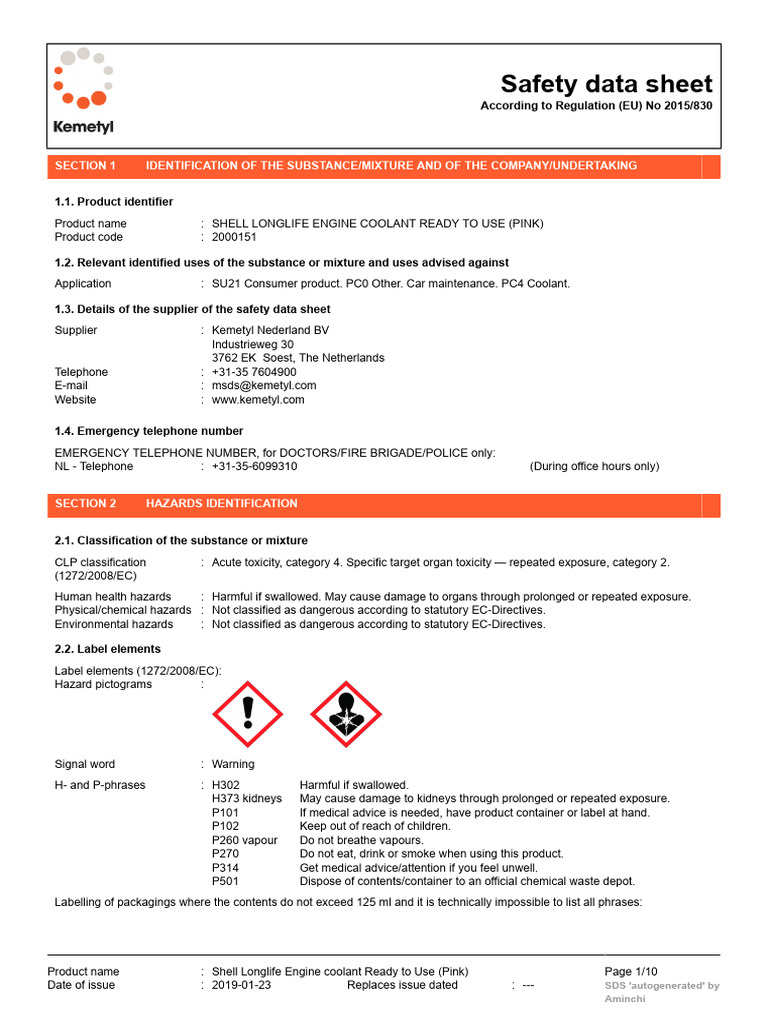 Shell Longlife Engine Coolant Ready To Use (Pink) Ec en 20190123 | PDF