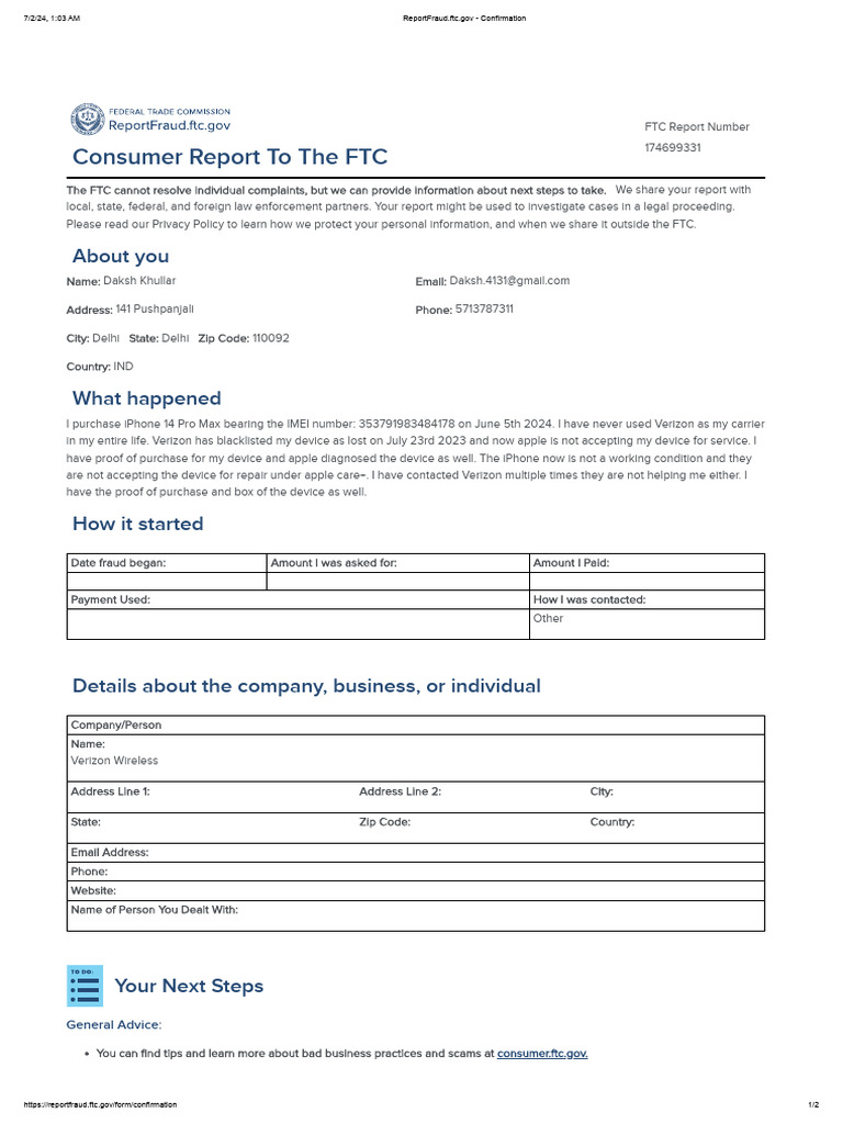 Report.ftc.gov - Confirmation | PDF