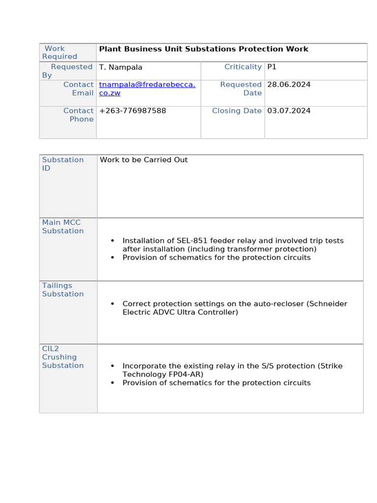 Scope of Work - PBU1 Substations Protection | PDF