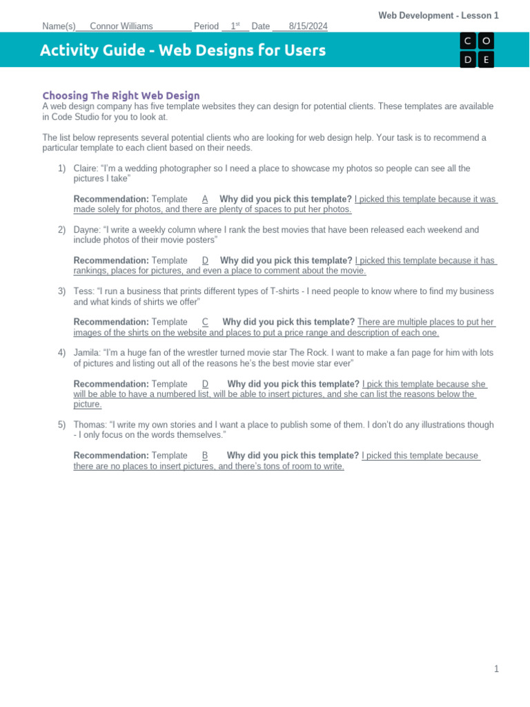 U2L01 - Activity Guide - Web Designs For Users (A) | PDF